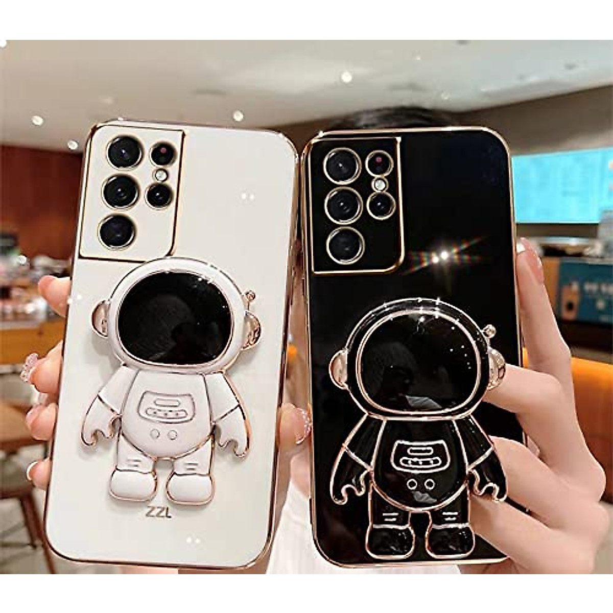 for Samsung Galaxy A14 5G Case 6D Plating Cute Astronaut Hidden Stand Design with Camera Cover,Soft TPU Bumper Folding Bracket Kickstand Kawaii Phone Case for Samsung A14 for Girls Women Black