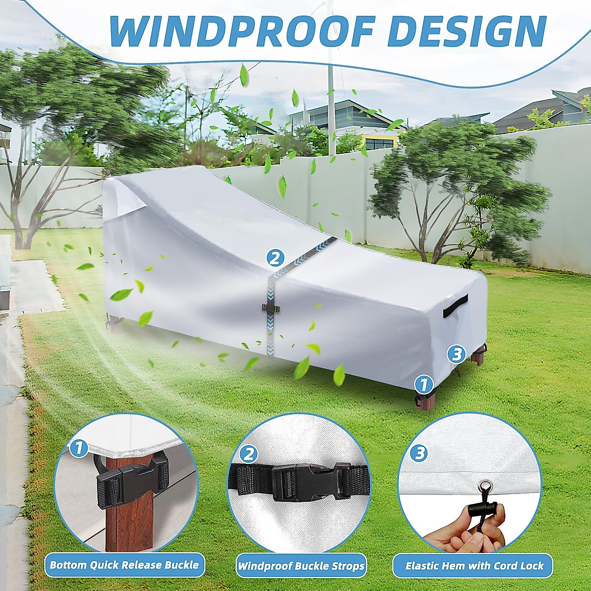 Zenicham Patio Chaise Lounge Cover with Handles, Outdoor Lounge Chair Cover Waterproof UV Resistant, Patio Furniture Covers with Air Vent (76L x 32W x 32H) inch