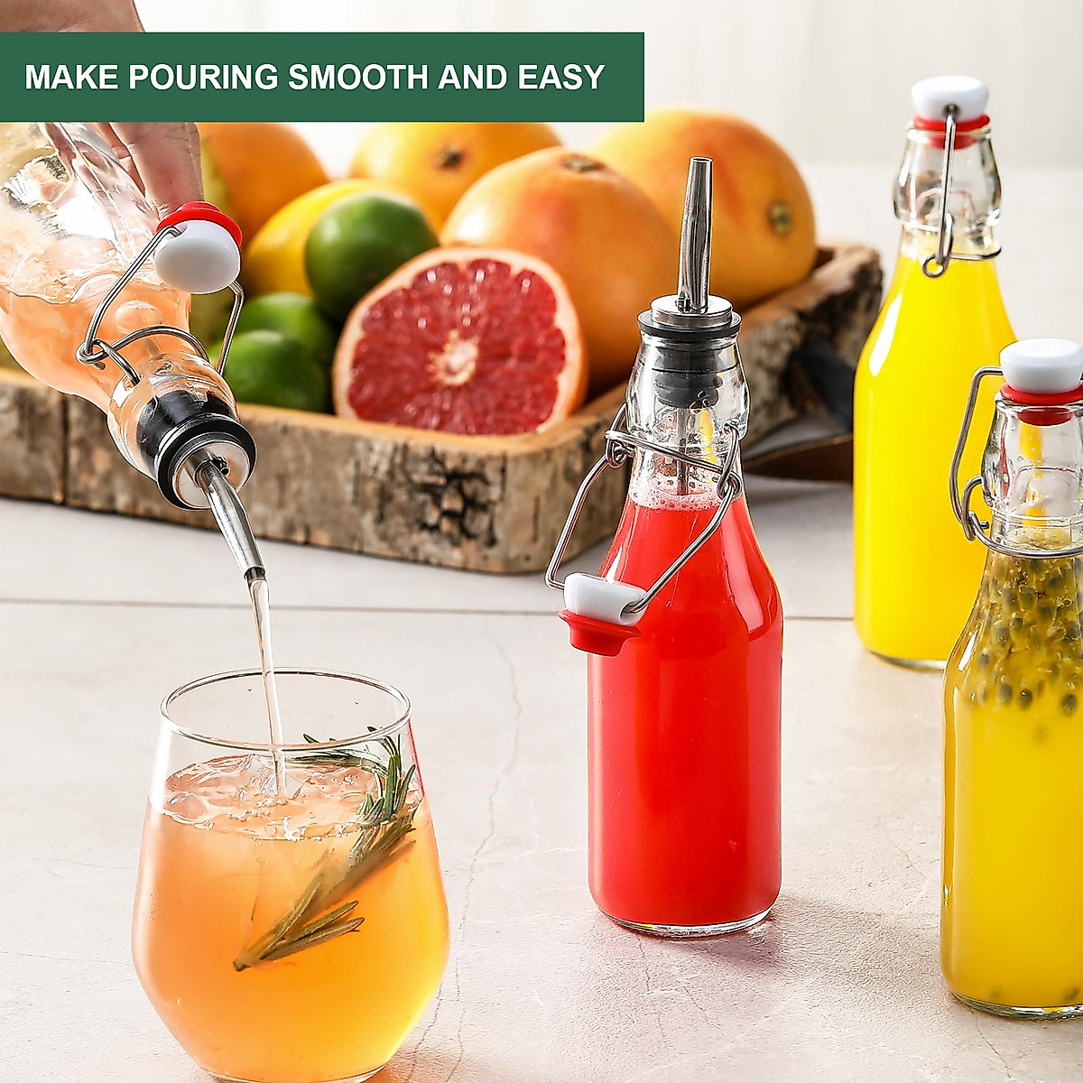 AOZITA 8-Pack 8.5oz Flip Top Glass Bottles, Swing Top Beer Brewing Bottle for 2nd Fermentation, Kombucha, Kefir, Vanilla Extract, Coquito, Juice, Tea - Airtight Stopper Cap Lid, Bonus 2 Bottle Pourers