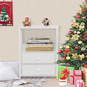 Lerliuo Nightstand, Industrial Bed Side Table with 2 Drawers Storage Open Shelf, Sturdy End Table with Steel Frame, Night Stand for Bedroom, Living Room, Elegant White