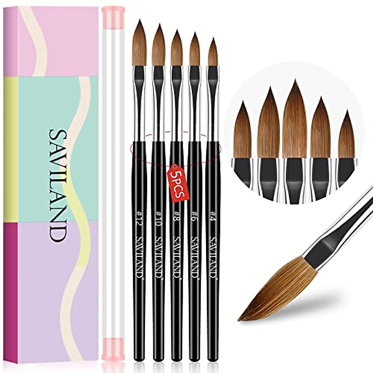 Saviland 5pcs Acrylic Nail Brush for Acrylic Powder Size 4/6/8/10/12 Professional Nail Art Brushes Set Wood Handle Nail Brushes for Acrylic Application Nail Extension Carving