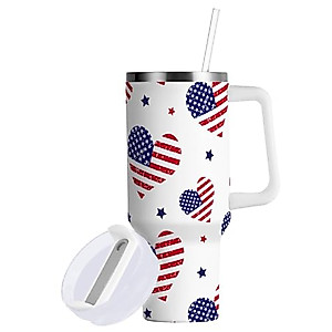 Joisal American Flag Hearts Pattern Insulated Tumbler Reusable Water Bottle with Straw Water Cups