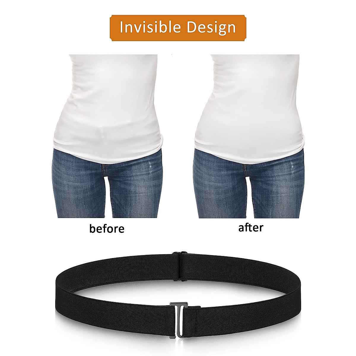 SATINIOR 2/3/4 Pack Women Elastic Stretch Belt Invisible Belts with Flat Buckle for Jeans Pants Dresses(Black,4 Pack)