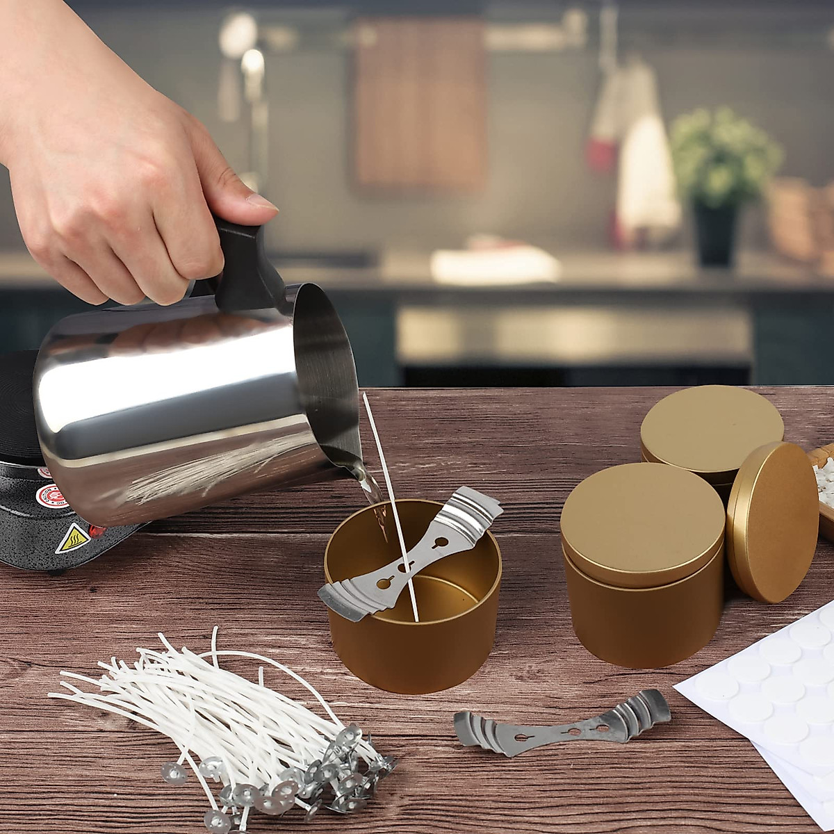 BBAXI Candle Making Kit with Electronic Hot Plate,Candle Wax Melter for Melting Wax,Including Melting Pot, Wax Melter hot Plate,1lb Soy Wax,Stain Spoon,Cotton Wicks,Center Devices,Wick Stickers