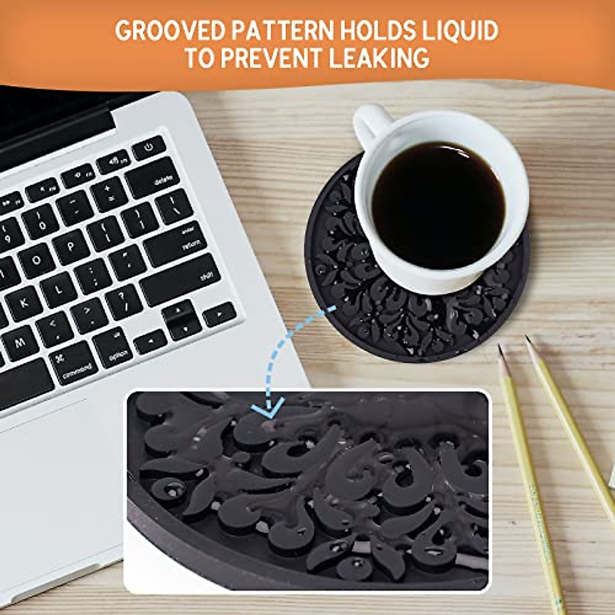 8 Pcs Boho Coasters for Drinks, Silicone Coasters with Holder, Boho Style Grooved Pattern, Tabletop Protection Coasters for Outdoor, Indoor, Coffee Table, Kitchen, Office, Bar, Heat Resistant