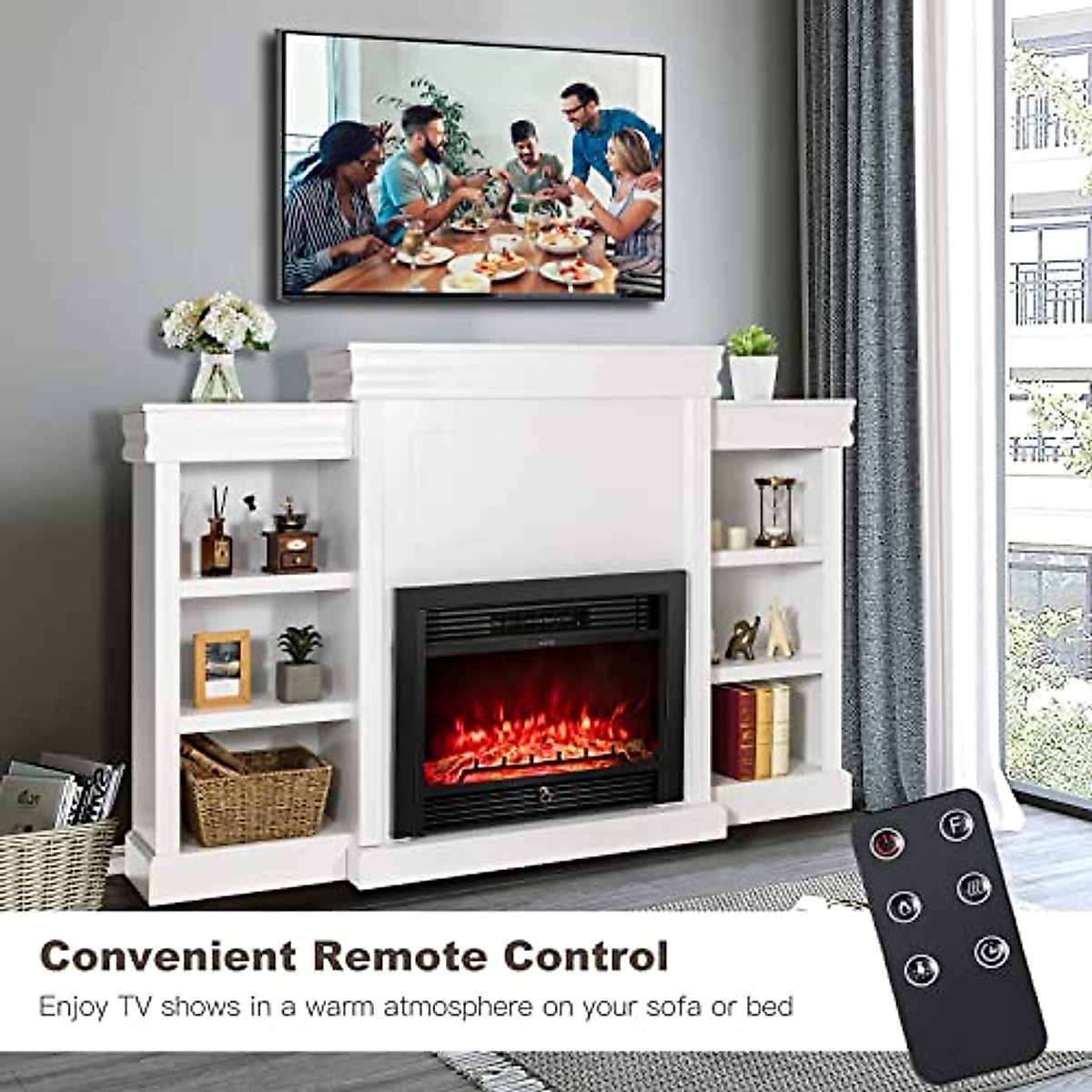 Tangkula 70" Mantel Fireplace TV Stand, 750W/1500W Electric Fireplace Heater Insert Cabinet w/Remote Control, 1-8H Timer, 5-Brightness & 3-Color Flame, Media Console Center w/Open Shelves (White)