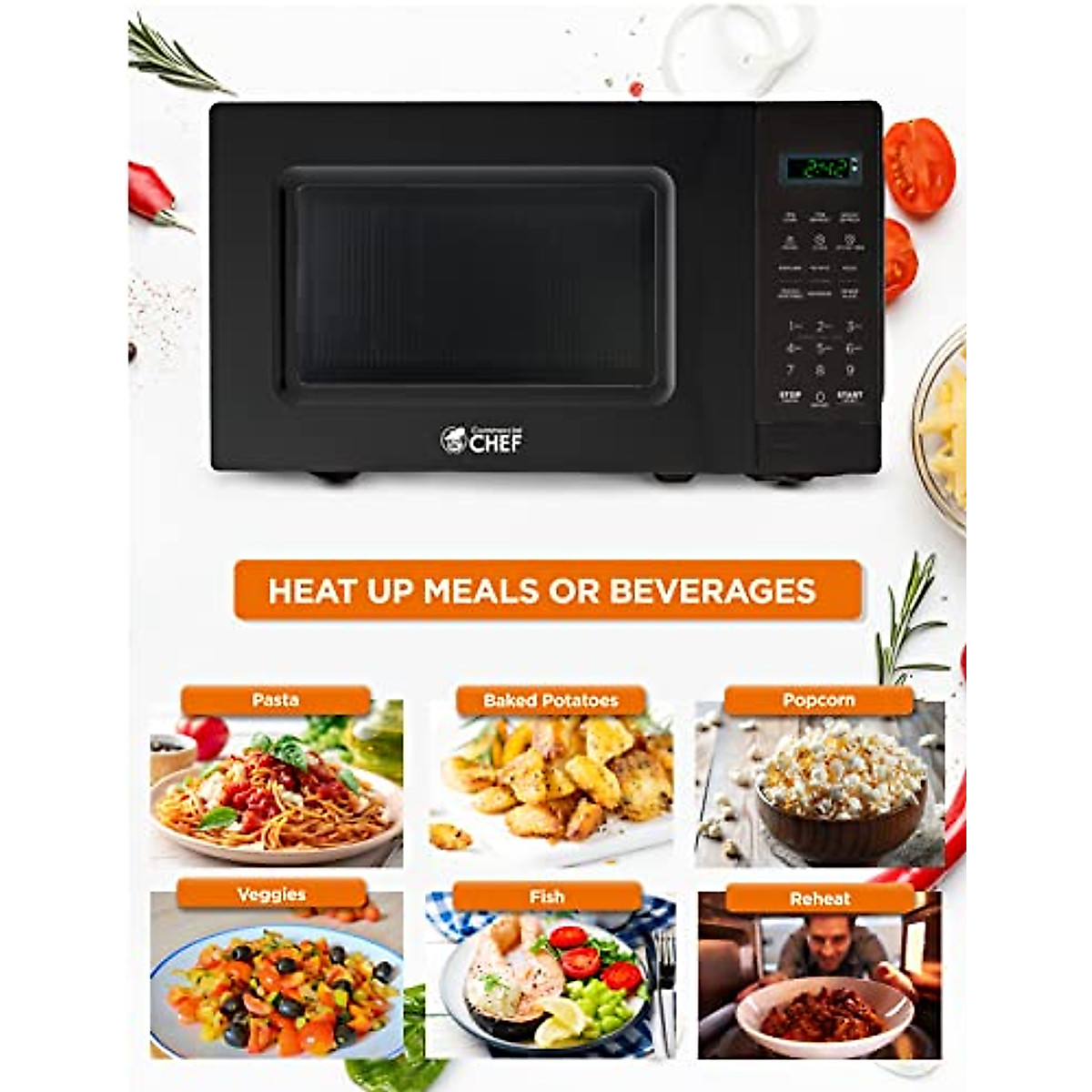 COMMERCIAL CHEF Small Microwave 0.7 Cu. Ft. Countertop Microwave with Digital Display, Black Microwave & Elite Gourmet ETO236 Personal 2 Slice Countertop Toaster Oven with 15 Minute Timer