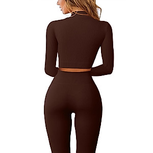 QINSEN Women Winter Workout Sets Funnel Neck Long Sleeve Sport Shirt Tummy Control Fitted Yoga Pants 2 Pieces Tracksuit Coffee M