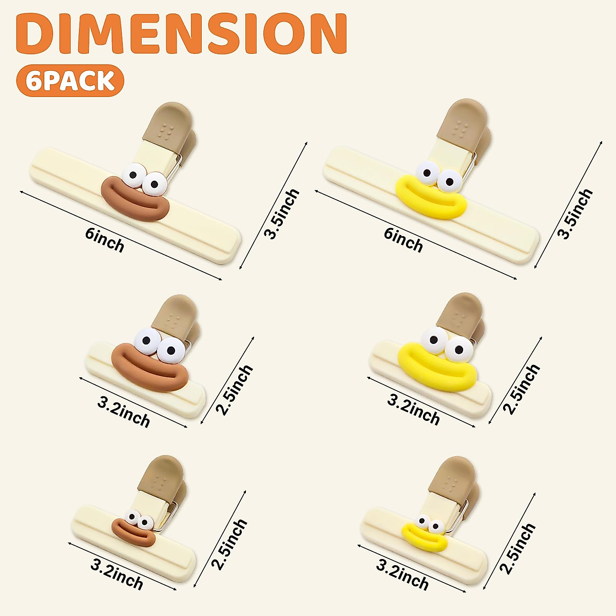 Lxuraduy 6 Pack Chip Clips, 6 Styles of Cute Chip Clips, Food Clips, Wide Foods Snacks Bag Paper Clips, Cute Tight Seal Grips