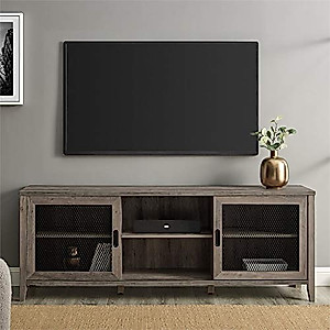 Walker Edison Farmhouse Sliding Mesh Barn Door 70" Industrial TV Stand Console in Rustic Grey Wash