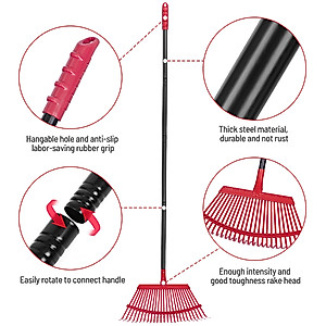 Garden Leaf Rake with 60 Inch Adjustable Long Steel Handle, 11 Metal Tines 8.8" Wide Garden Rake for Lawns Shrub Debris and Flower Beds