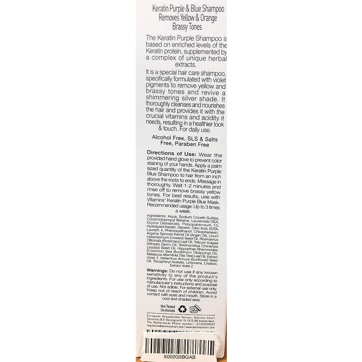 Vitamins Keratin Purple Toning Shampoo - Violet Blue Brassiness Toner for Bleached Icy Blonde Platinum Silver White Grey Ash Gray or Colored Dry Damaged Brassy Hair