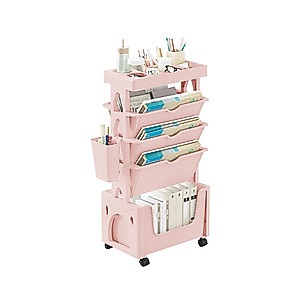 5 Tier Mobile Bookshelf Cart, Removable Movable Bookcase, Rolling Cart Book Rack Storage Bookcase Organizer, Kids Bookshelf Carts with Wheels For Living Room Classroom Office Kitchen Bedroom (Pink)