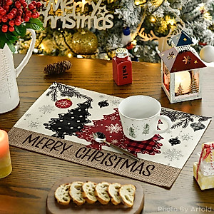 Artoid Mode Red Pine Trees Balls Merry Christmas Placemats Set of 4, 12x18 Inch Winter Xmas Table Mats for Party Kitchen Dining Decoration