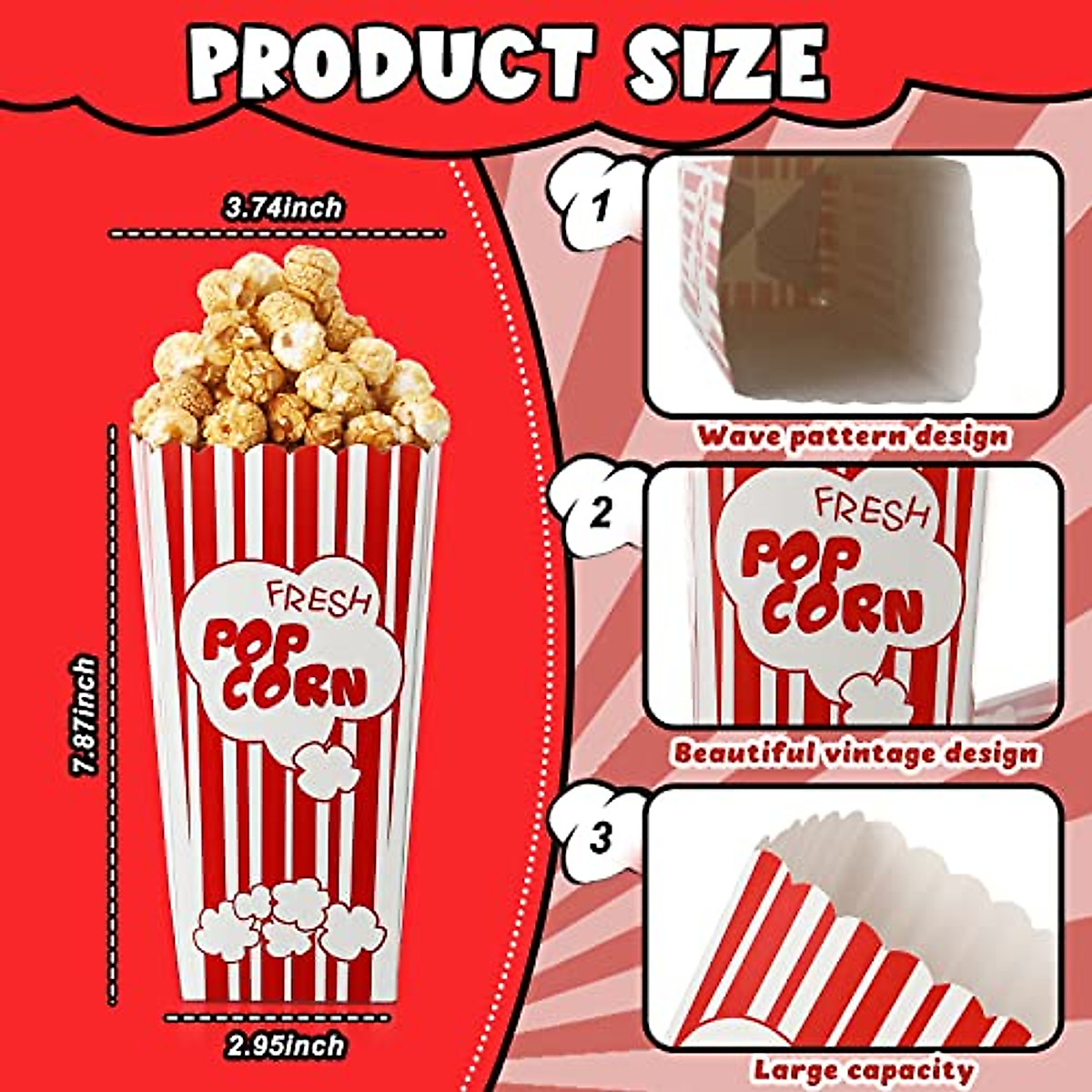 Fuutreo 120 Pack Movie Night Popcorn Box Paper Popcorn Bucket Bowl Bulk 46 oz Red and White Popcorn Bag Snack Container Holder 7.87" for Popcorn Machine Theater Carnival Circus Party Decor Supplies