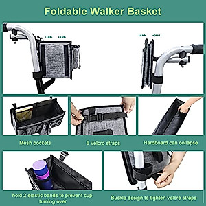 Basket for Walker, Ravmix Walker Accessories Bag with Cup Holder, Walker Basket for Folding Walker Hands-Free Storage Bag with Big Capacity & Never Tipping Over, Space Gray