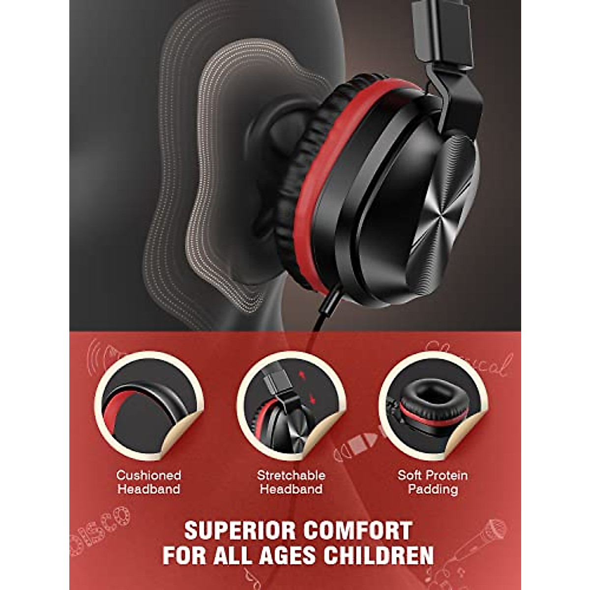 On-Ear Headphones with Microphone, 2022 Newest Foldable Wired Headphones for Adults Kids, Lightweight Portable Stereo Headphones with 1.5M Tangle-Free Cord for School Home, Black in Red (AB078)