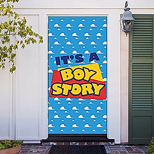 ZDX It's a Boy Story Door Banner 72.8x35.4in Blue Sky White Clouds Kids Baby Shower Decor Background Banner