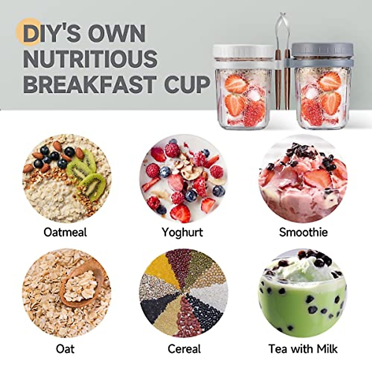 Overnight Oats Containers with Lid and Spoon Set of 2, Overnight Oats Jars 12 oz Large Capacity Airtight Oatmeal Container with Measurement Marks, Reusable On The Go Cups for Cereal Yogurt, Milk, Salads, Fruit (Grey)