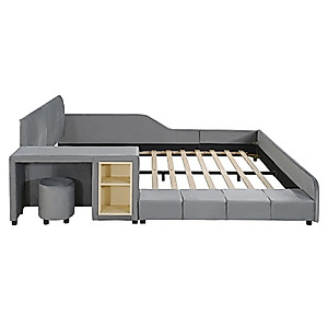 Versatile Queen Size Upholstered Grounded Bed,Mother & Child Bed with Bedside Desk and Little Round Stool,for Kids Teens Adults Bedroom Use (Gray@Desk, Queen)