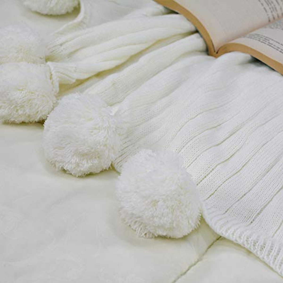 TEALP Pom Pom Blanket White Cotton Knitted Throw Blanket with Pom Poms (Cream White, 40''x60'')