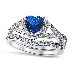 LaRaso & Co His Hers Sterling Blue Sapphire CZ Bridal Wedding Band Engagement Ring Set Him Her Thin Blue Line