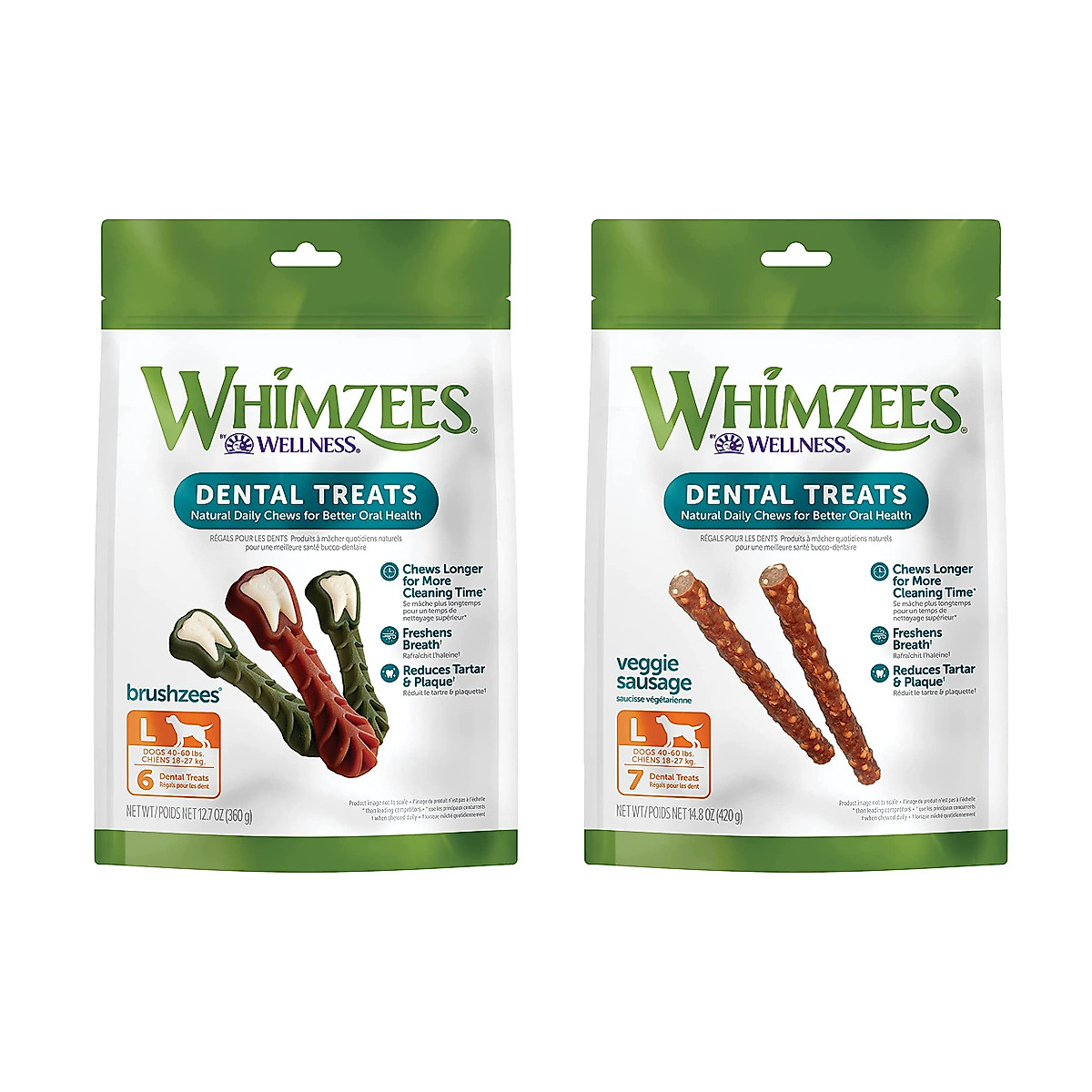 Whimzees Brushzees Dental Chews for Dogs (Large) and Veggie Sausage Dental Chews for Dogs (Large)