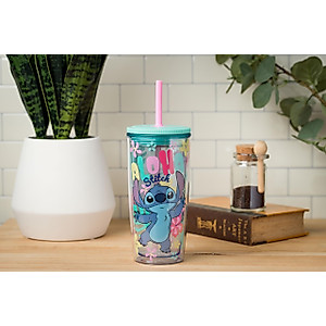 Silver Buffalo Disney Lilo and Stitch “Aloha” Spill Resistant Plastic Tumbler, 20 Ounces