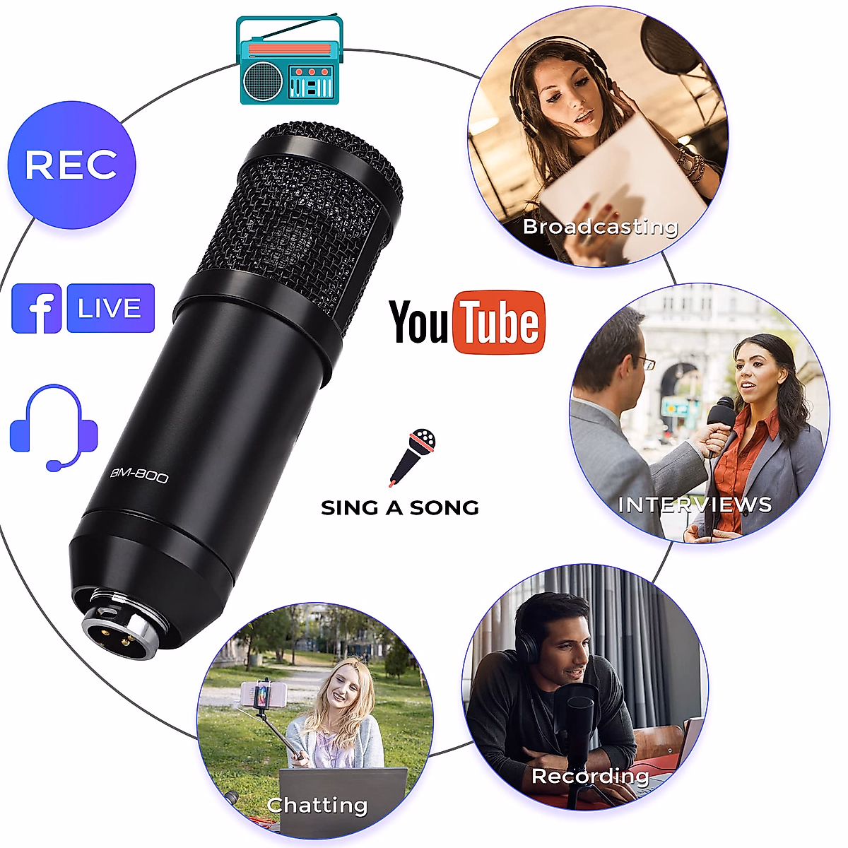 Asmuse Podcast Equipment Bundle, BM800 Condenser Podcast Microphone Bundle Kit with Live Sound Card, Streaming Audio Mixer Studio All-in-one Beginner Podcast Package for Recording YouTube TikTok