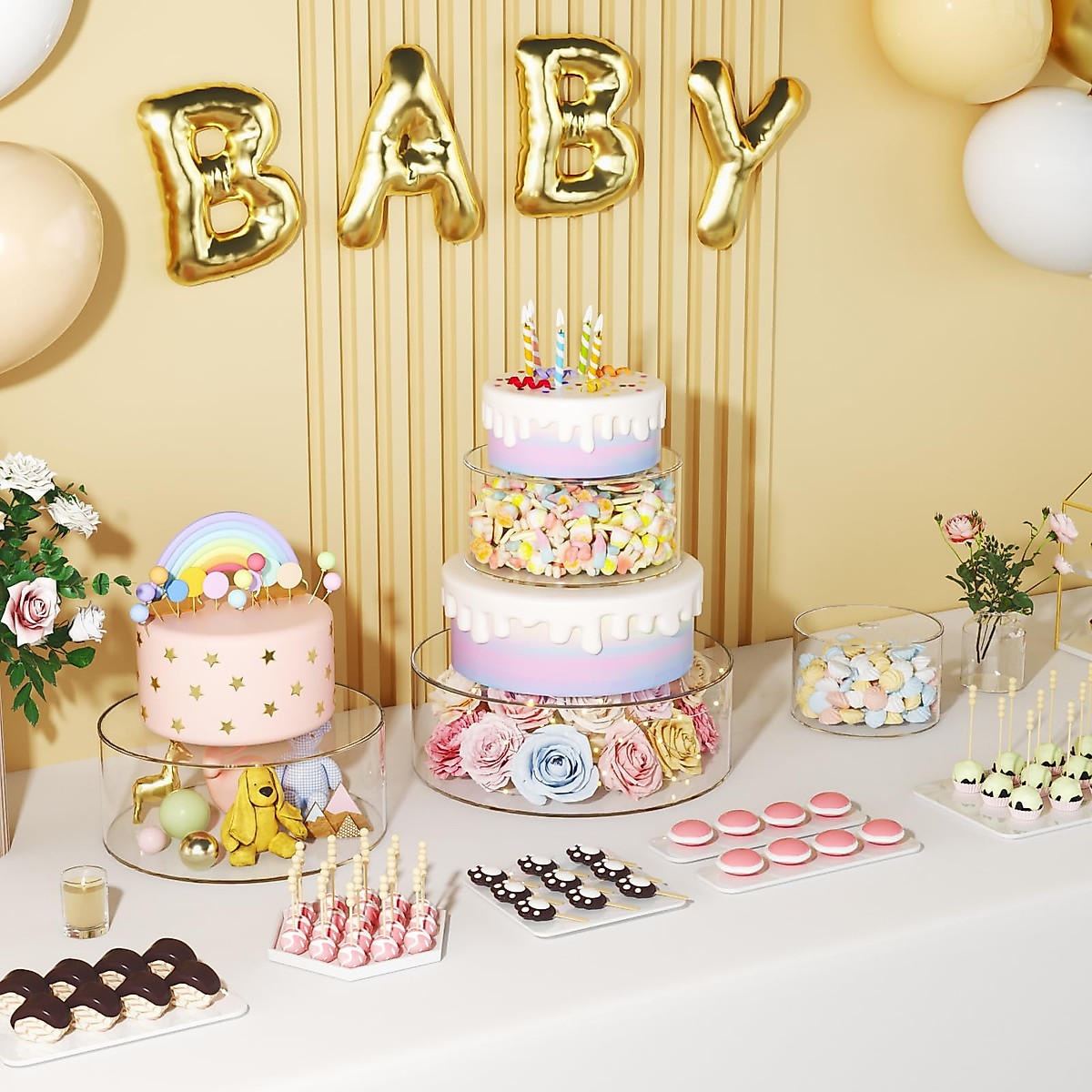 2 PCS Clear Acrylic Cake Stand, FEMELI Fillable Cake Box Case Tier Holder, Cylinder Round Cake Riser Display Box with Lid, Centerpiece Cake Base with Lights for Birthday Wedding Party Decor(10*4, 6*4)