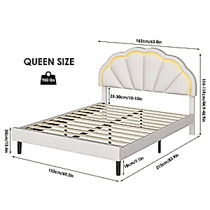 HIFIT Queen Upholstered Smart LED Bed Frame with Adjustable Elegant Flowers Headboard, Platform Bed Frame Queen Size with Wooden Slats Support, No Box Spring Needed, Easy Assembly, Beige