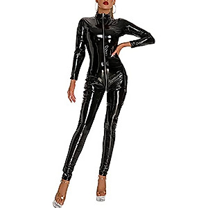 FEOYA Women’s Leather Body Suit Sexy Zipper Patent Lingerie Teddies Party Club Baby Dolls Bodysuit Wetlook Latex Liquid Jumpsuit Clubwear