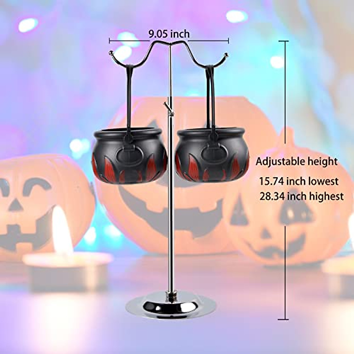 ChezMax Halloween Witch Cauldron, 2 Pack Plastic Candy Cauldron Flame Party Pots with Adjustable Holder, Black Spooky Halloween Bucket with Handle, Large Trick Or Treat Serving Bowls for Table Decor