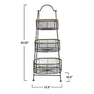Creative Co-Op Metal & Rattan 3-Tier Removable Baskets Stand, Black