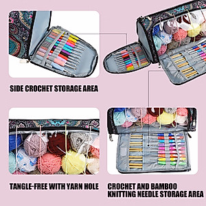 Looen Crochet Bag, Yarn Storage Tangle Free with Yarn Hole, Knitting Bag for Crochets Knitting Needles and Yarns(Blue Cashew)