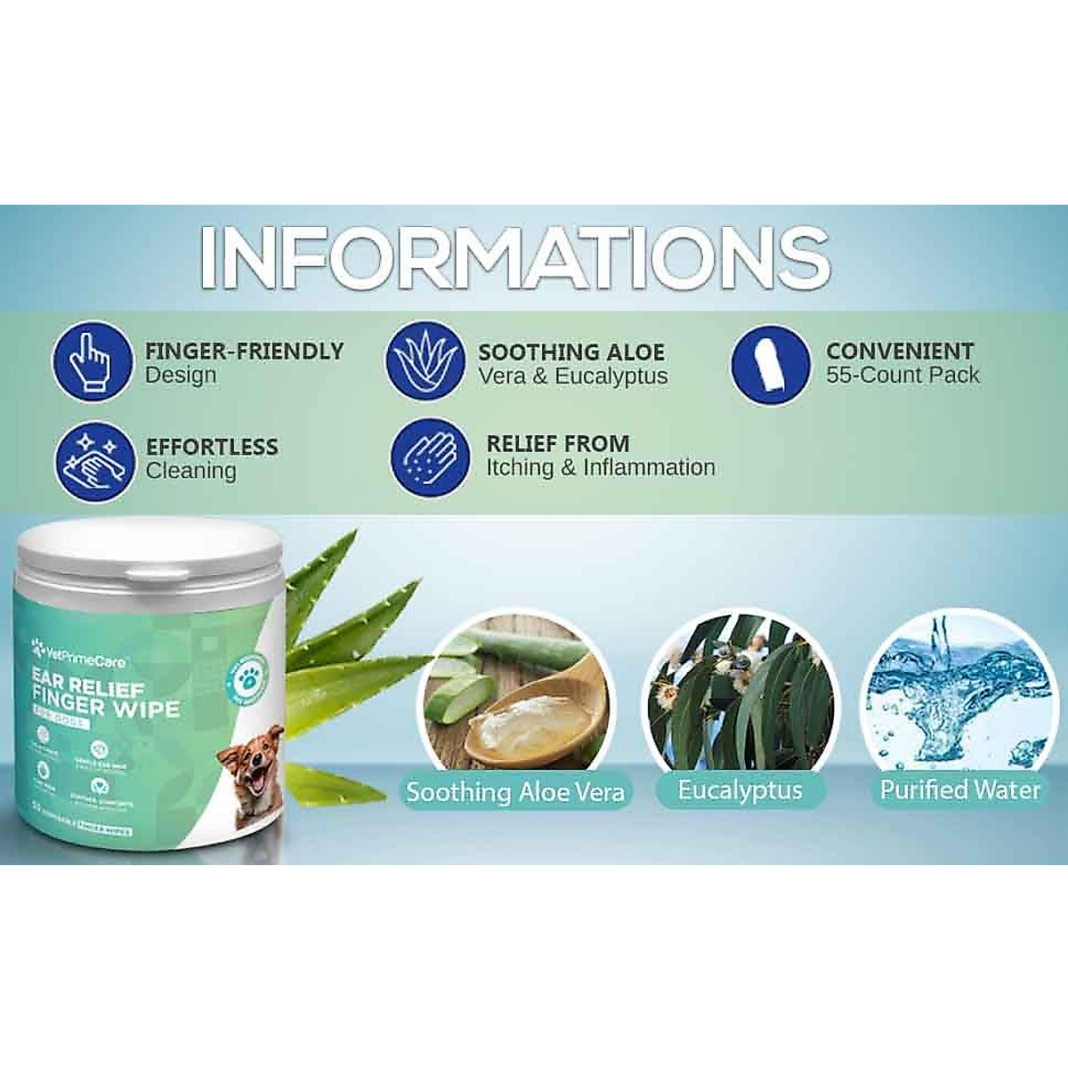 VET PRIME CARE Pet Finger Wipes for Dogs Ear Relief, Aloe Vera & Eucalyptus Infusion, Pet Grooming Wipes, Remove Debris & Ear Wax, Soothe & Deodorize, 55-Count Pack.