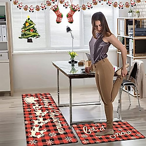 Ileading Buffalo Plaid Merry Christmas Kitchen Mats Set of 2 Let It Snow Anti Fatigue Kitchen Mats for Floor Snowflake Winter Holiday Area Rug Cushioned Standing Desk Mat for Home Kitchen Floor