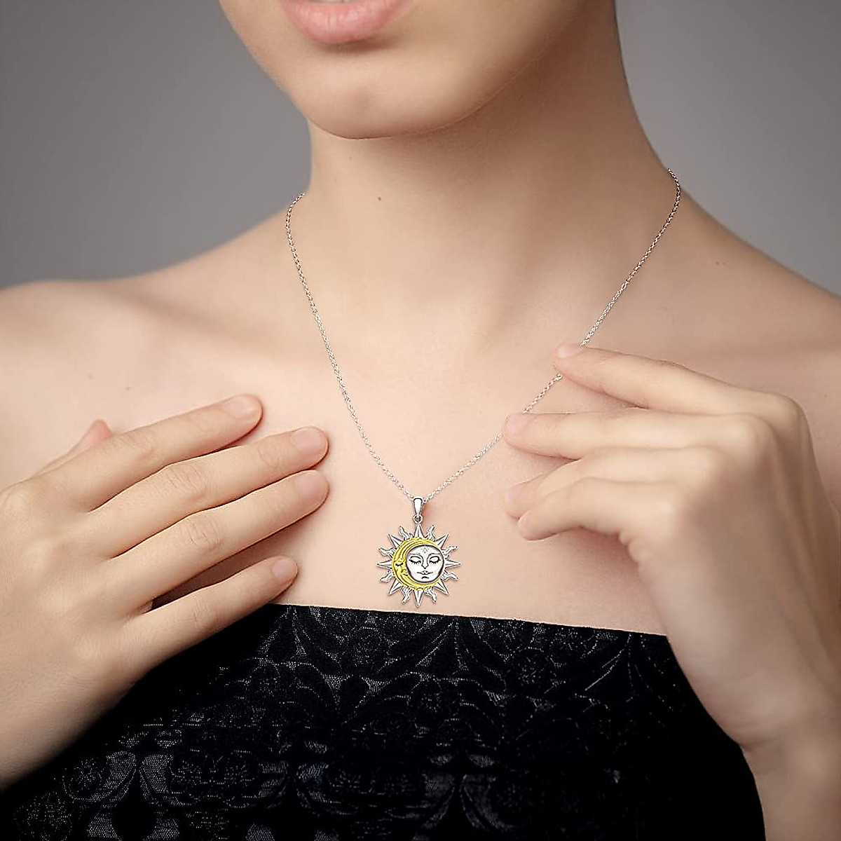 Jewlikee Sun Necklace Gold and Silver Moon Necklaces for Women Sun Moon Pendant Sunshine Sterling Silver for Couples Gift