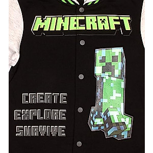 Minecraft Boys Creeper Button-Up Fleece Varsity Jacket for Kids and Toddlers (Size 10/12, Black/Grey)
