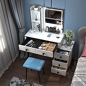 LVSOMT Vanity Desk with 3-Color Lighted Mirror, Makeup Vanity Table Set with Lights & Charging Station, 5 Drawers, Shelves, Dressing Table with Stool for Women Girls (White)