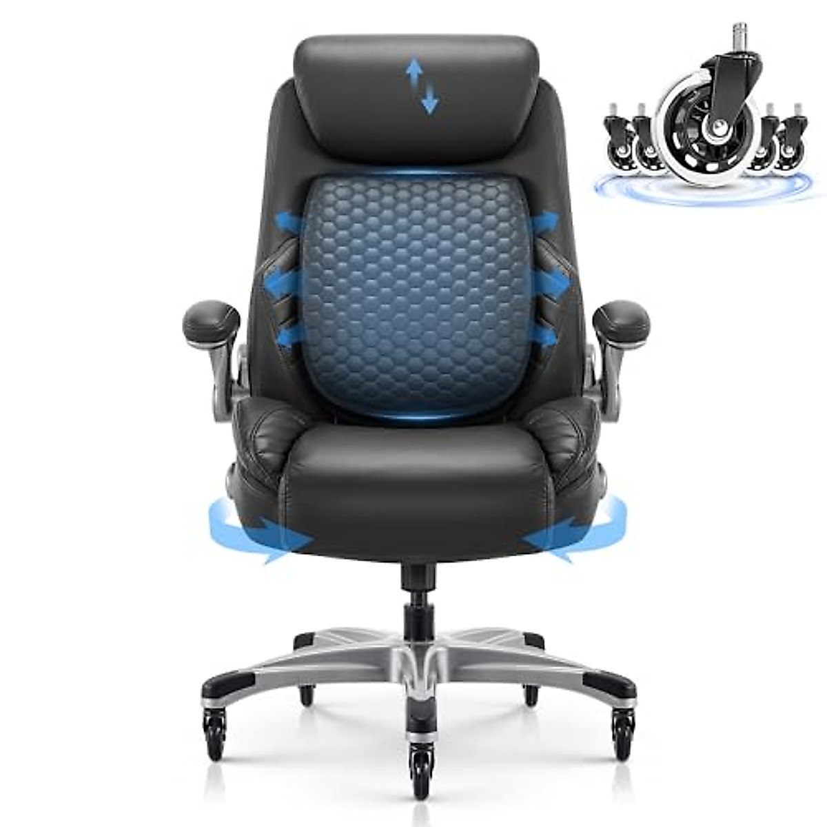 Office Chair Ergonomic Desk Chair with Pop-Out Lumbar Support, High Back Executive Chair, Upgraded Casters, Adjustable Headrest, Flip-Up Arms, Leather Home Chair with Thick Cushion for Comfort-Black