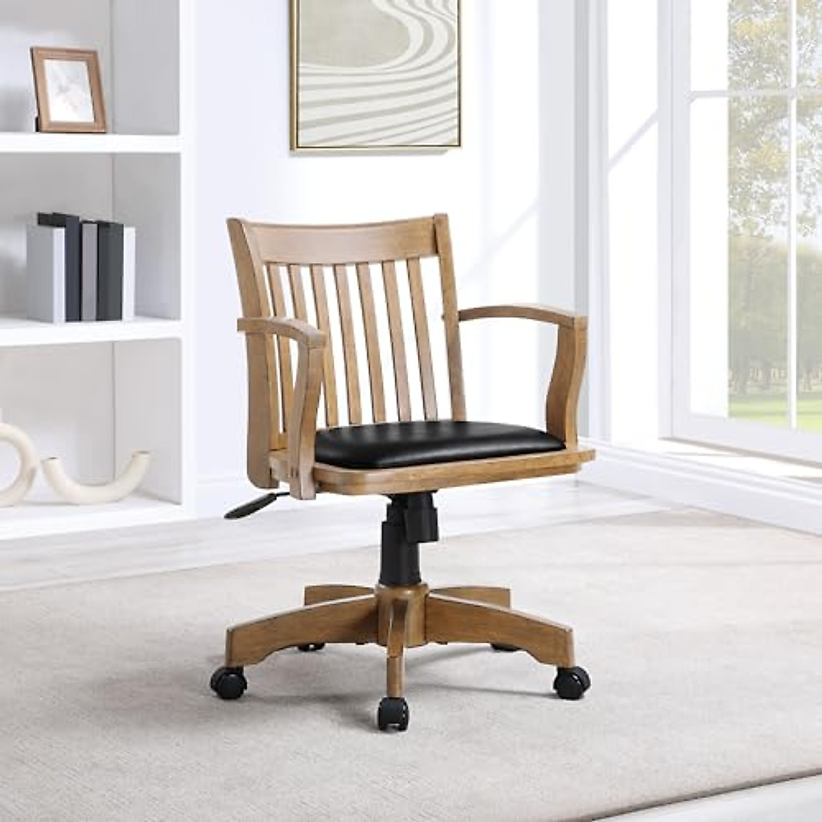 OSP Home Furnishings Deluxe Wood Banker's Desk Chair with Padded Seat, Adjustable Height and Locking Tilt, Fruitwood Finish and Black Vinyl