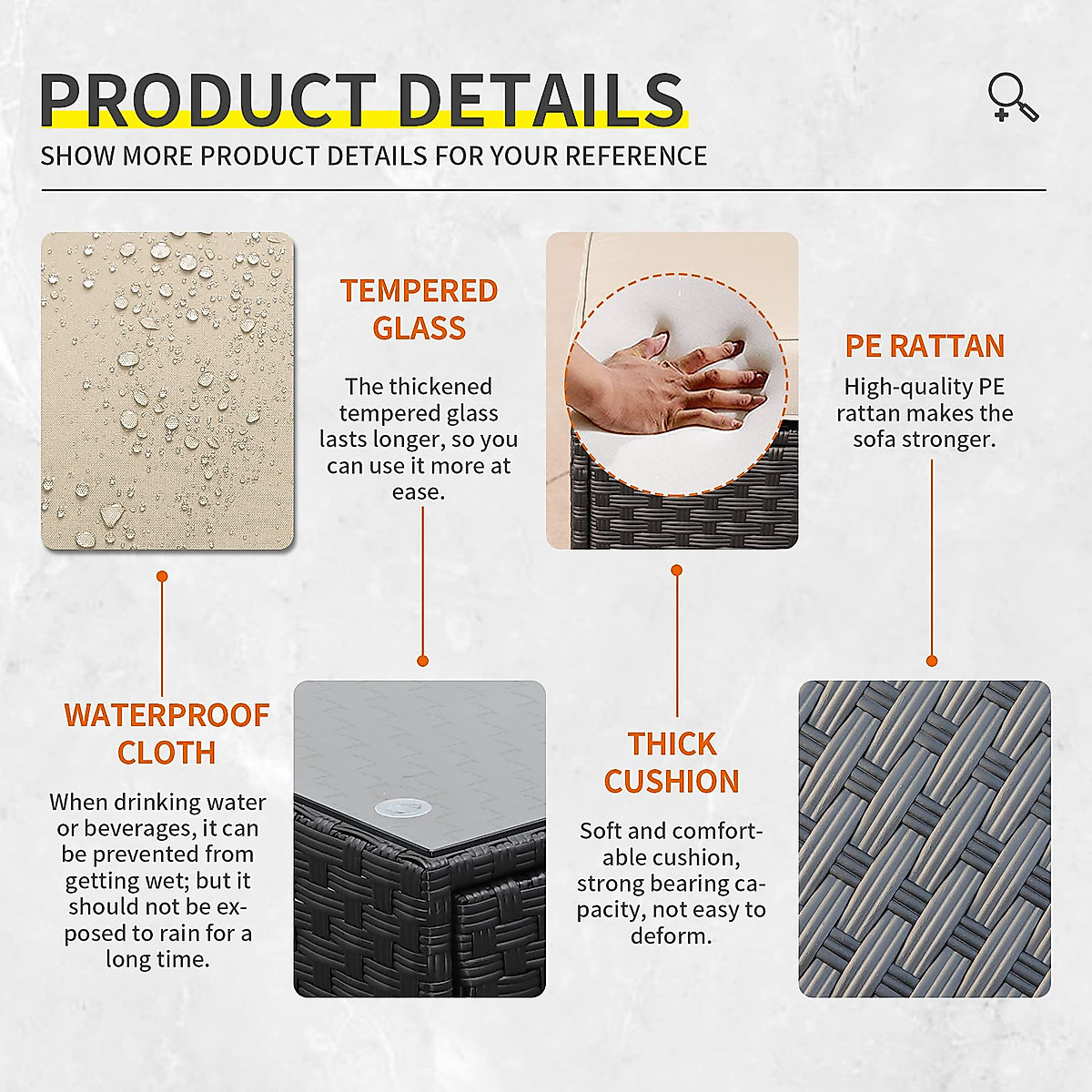 Lviden 7 Pieces Outdoor PE Wicker Furniture Set Patio Rattan Sectional Conversation Sofa Set with Khaki Cushions and Glass Top Table