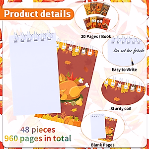 Pasimy 48 Pcs Thanksgiving Notepads Fall Thanksgiving Party Favor Harvest Small Spiral Notebooks Turkey Pumpkin Leaves Memo Pad for Thanksgiving Autumn Birthday Baby Shower Party Supplies(Cartoon)