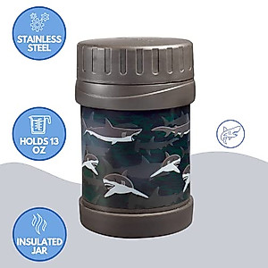 Kids Lunch Bag Set (Sharks) w Reusable Hard Ice Pack & Double-Insulated Food Jar for Drinks or Soups - Perfect Lunchbox Kits for Boys and Girls Back to School, Keeps Food Hot or Cold for Longer