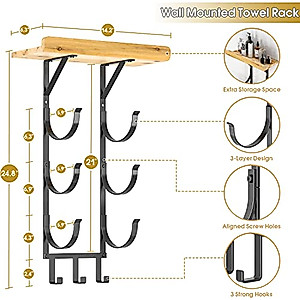 Towel Rack, Wall Mounted Metal Towel Holder for Bathroom Wall,Towel Storage Racks with 3 Compartments and 3 Hooks Black