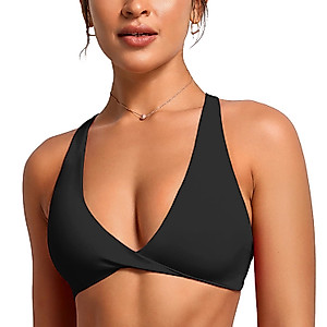 VANTONIA Womens Butterluxe Twist Front Sports Bra Deep V-Neck Crop Top Strappy Cross Back Bra with Nipple Covers-Vivi Bra Black Medium