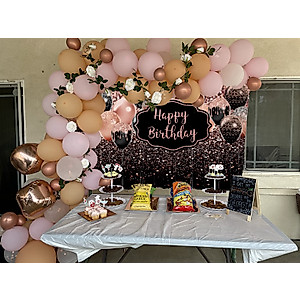 Pink Rose Gold Birthday Backdrop for Women Girls 18th 20th 30th 40th 50th 60th 70th Happy Birthday Background Black and Pink Glitter Balloon Birthday Party Photo Backdrop Banner 8x6ft