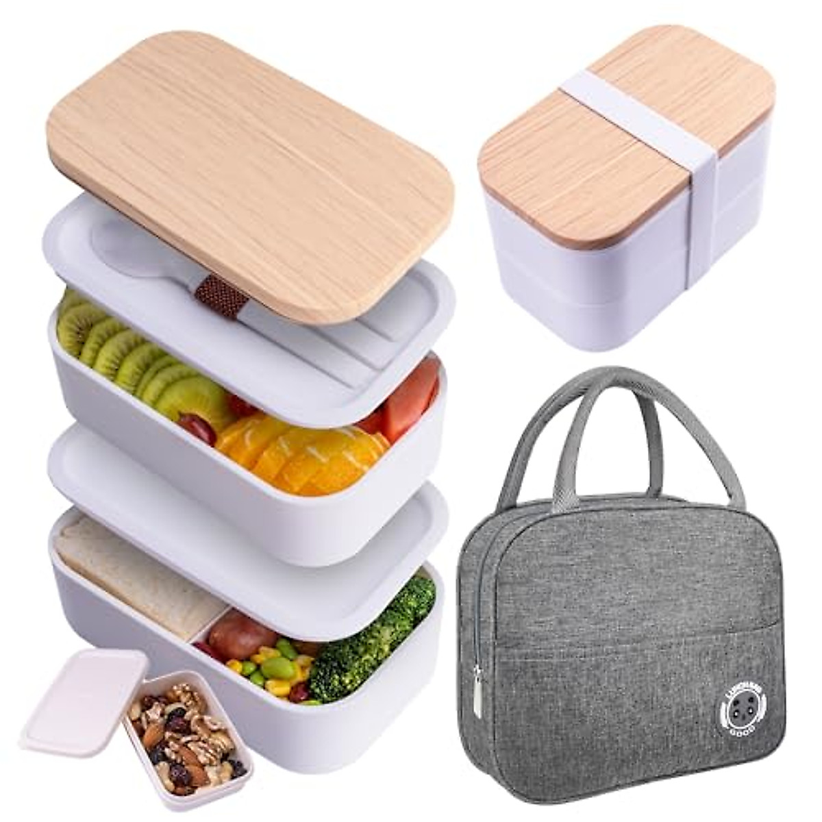 Healfyya Japanese Bento Box with Bag Leakproof Lunch Box with Utensils Stackable Food Containers Includes Sauce Container 54OZ White