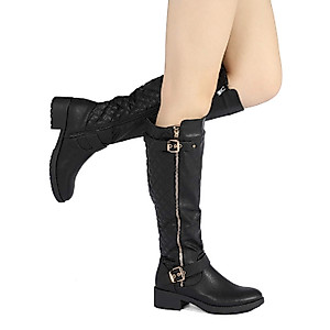 DREAM PAIRS Women's Knee-High Boots Comfortable Chunky Block Heel Round Toe Side Zipper Riding Fashion Buckles Biker Motorcycle Boots,Size 10,BLACK,UTAH